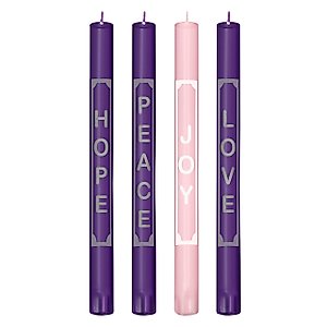 Advent Candles with Words Love, Peace, Hope, Joy On The Candles - Christmas Advent Candle Set of 4 for Advent Rings and Advent Wreaths- Premium Hand Made - Self Fitting End - for Church Advent Wreath
