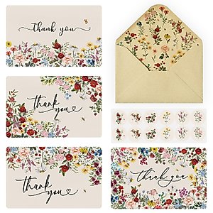 Artoid Mode 36 Pack Vintage Wildflower Thank You Cards Flower Greeting Cards Gift With Envelope Sticker Blank Note Cards for Birthday Wedding Baby Shower Bridal Shower, 4 x 6 Inch