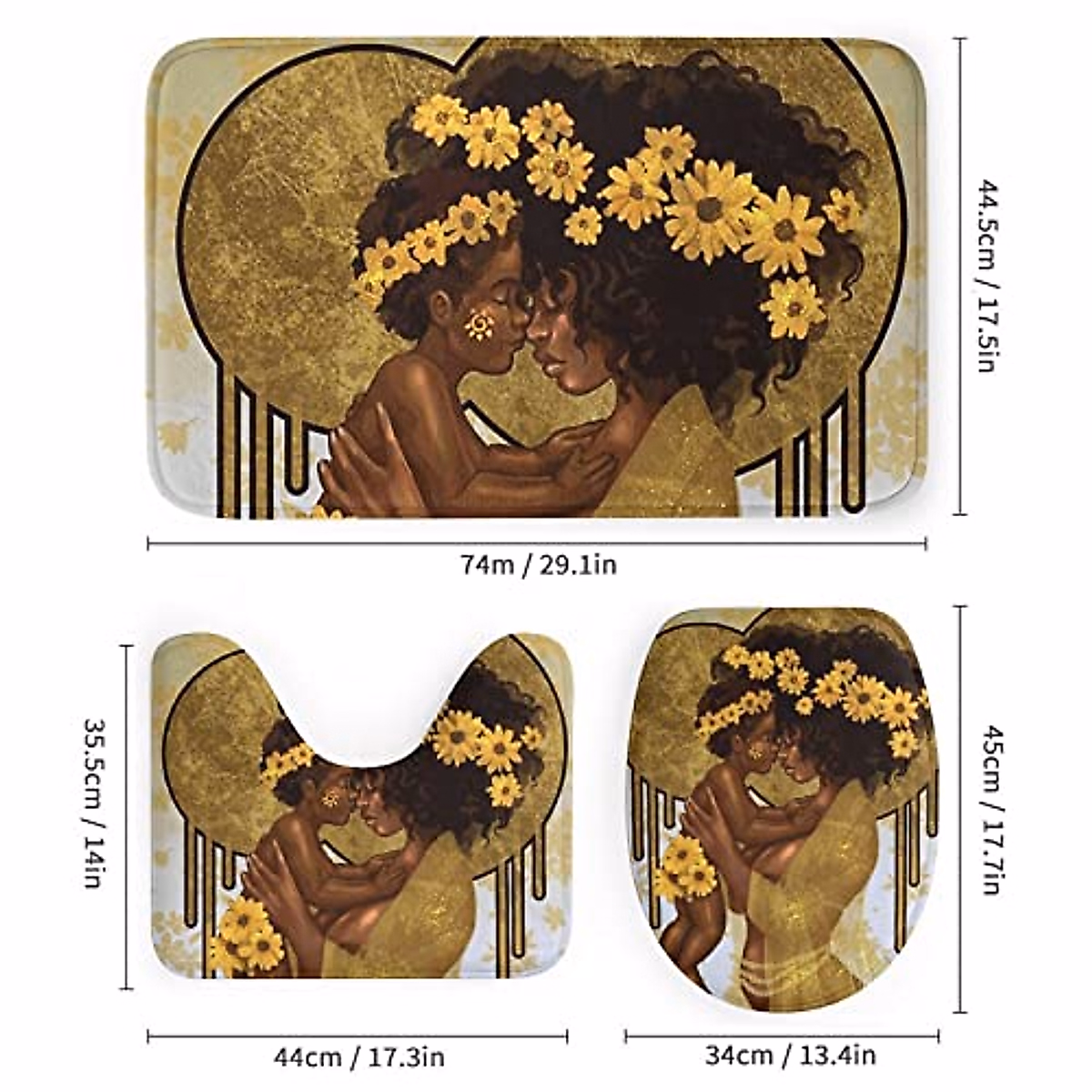 African Black Women Bathroom Shower Curtain Sets with Rugs, Black Girl Shower Accessories and Bathroom Decor,70.9" Length 4-Piece Set - 1 Shower Curtain & 3 Toilet Mat and Lid Cover