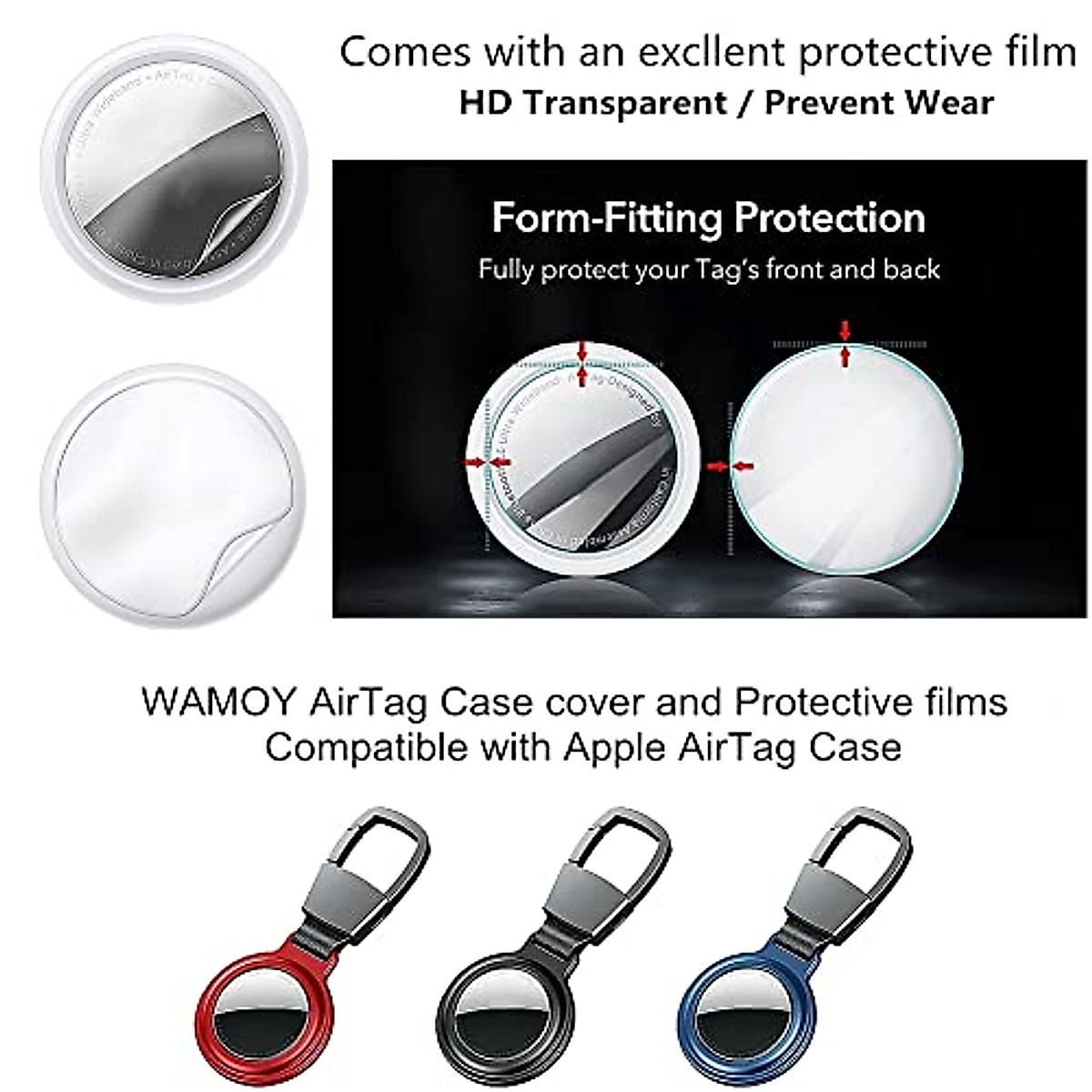 WAMOY AirTag case Cover Compatible with Apple AirTag, Metal Keychain case with Protective Film for AirTag case (Red)