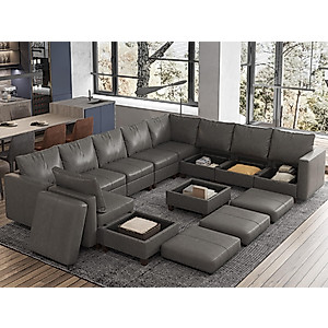 EASE MOOSE Convertible Modular Couch U Shaped Sofa with Storage Seat, Faux Leather Modular Sectional Sofa Oversized Sleeper Sofa with Reversible Chaises, Grey