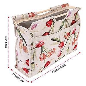 Knitting Tote Bag,Exquisite Practical Wood Handle Woven Fabric Storage Bag for Knitting Needles Sewing Tools(Red Flower)