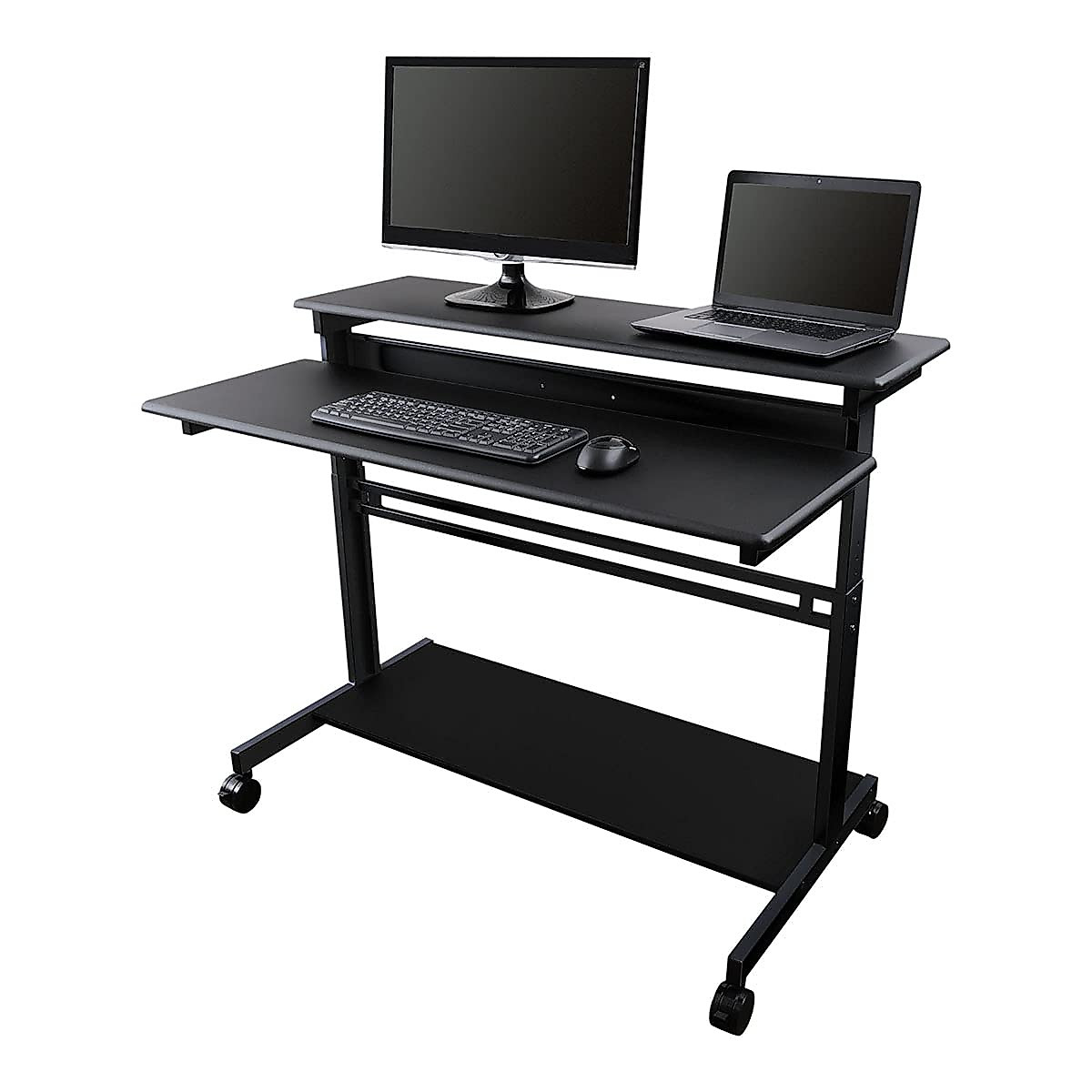 Stand Up Desk Store Rolling Adjustable Height Two Tier Standing Desk Computer Workstation (Black Frame/Black Top, 48" Wide)