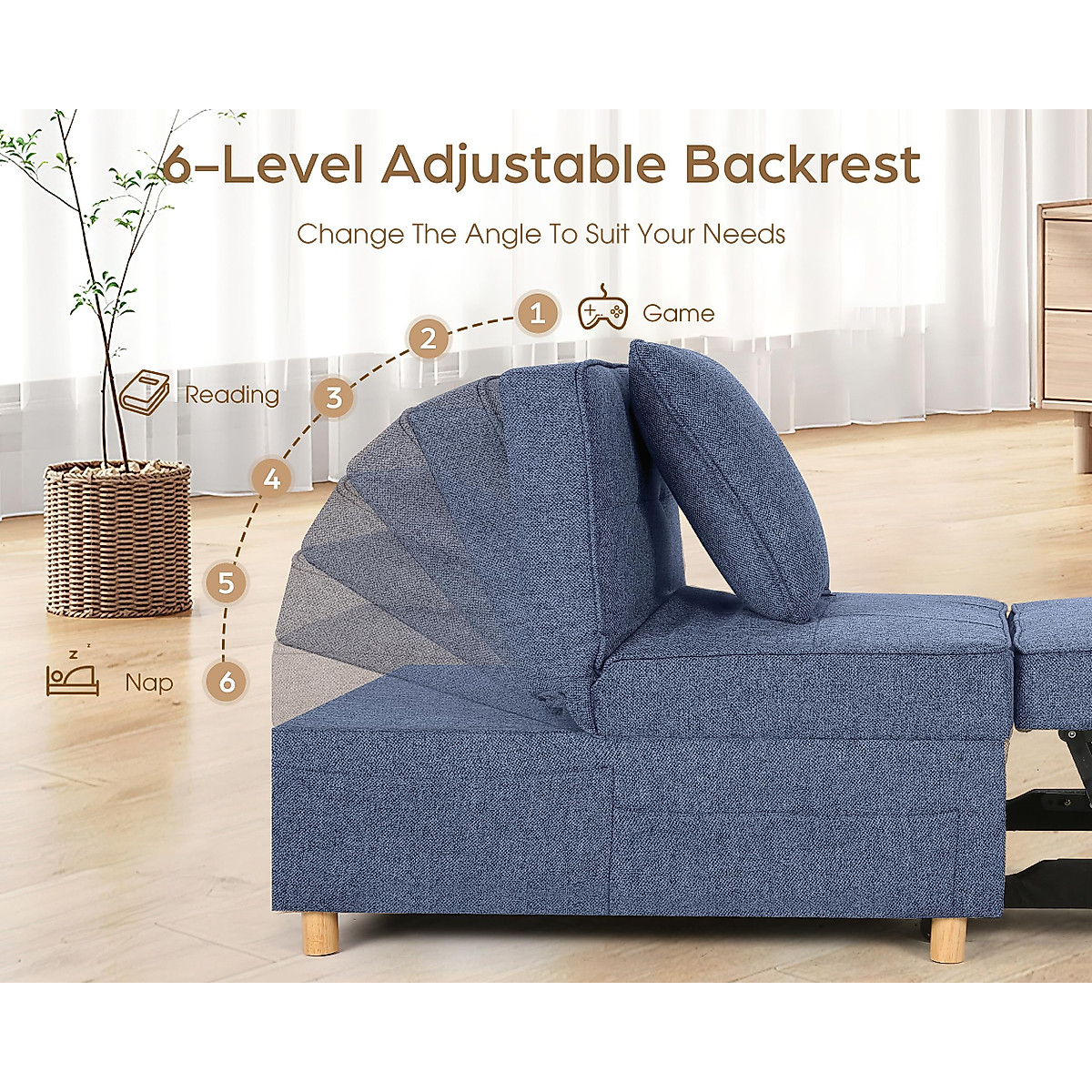 SEJOV Sleeper Sofa Chair Bed,4-in-1 Convertible Sofa Bed Chair with 6 Adjustable Backrest and Pillow, 3-Seat Pull Out Sleeper Chair Linen No Backrest for Bedroom Small Space Living Room, Navy Blue