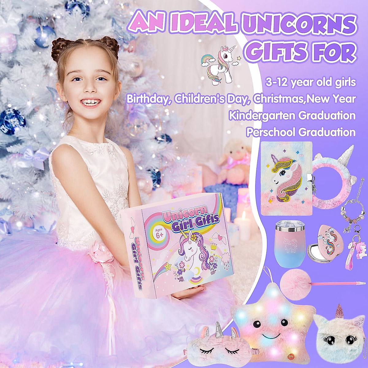 Sabdrau Unicorn Gifts for Girls 4 5 6 7 8 9 10+ Years Old, Kids Unicorns Toys with Light Up Plush Star Pillow/Diary/Headband/Eye Mask/Water Bottle, Soft Plush Toys Set for Birthday Gift Christmas