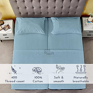 5 Piece Split California King Sheets Sets for Adjustable beds- 400 TC 100% Cotton(Light Blue Stripe)