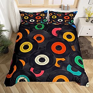 Homewish Musical Theme Comforter Cover Set Colorful Vinyl Records Decor Duvet Cover (No Comforter) with Zipper Ties Soft Microfiber Bedspread Cover (1 Duvet Cover + 2 Pillow Cases) Full Size