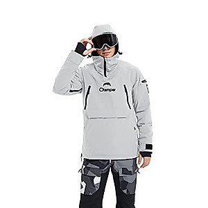 kirnusino Mens Ski Jacket Snow Coat for Men Windbreaker Waterproof Mountain Hooded Sweatshirt with Shoulder Pass Card Pocket Windproof Warm Winter Coat-Grey-L