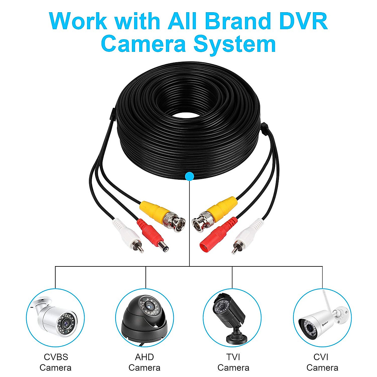 Dericam 60ft BNC Extension Cables with Three Connectors, Video Power Voice Cable for Surveillance and Security Camera Video System (Black)