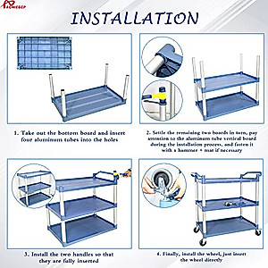 AQNIEGEP Utility Carts with Wheels Food Office Restaurant Rolling Cart 510lbs Capacity, Lockable Wheels, Rubber Hammer 16.5" x 31.5" x 39.5"