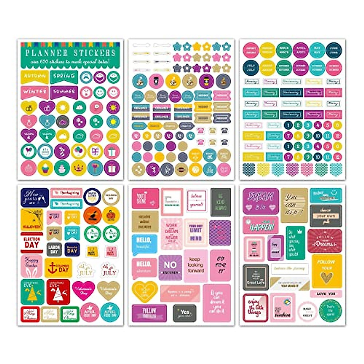12 Sheets (650 Stickers) Planner Stickers for Notes Travel Business Trips Parties Daily Holidays Goals Encouragement Planning Notes Ideas