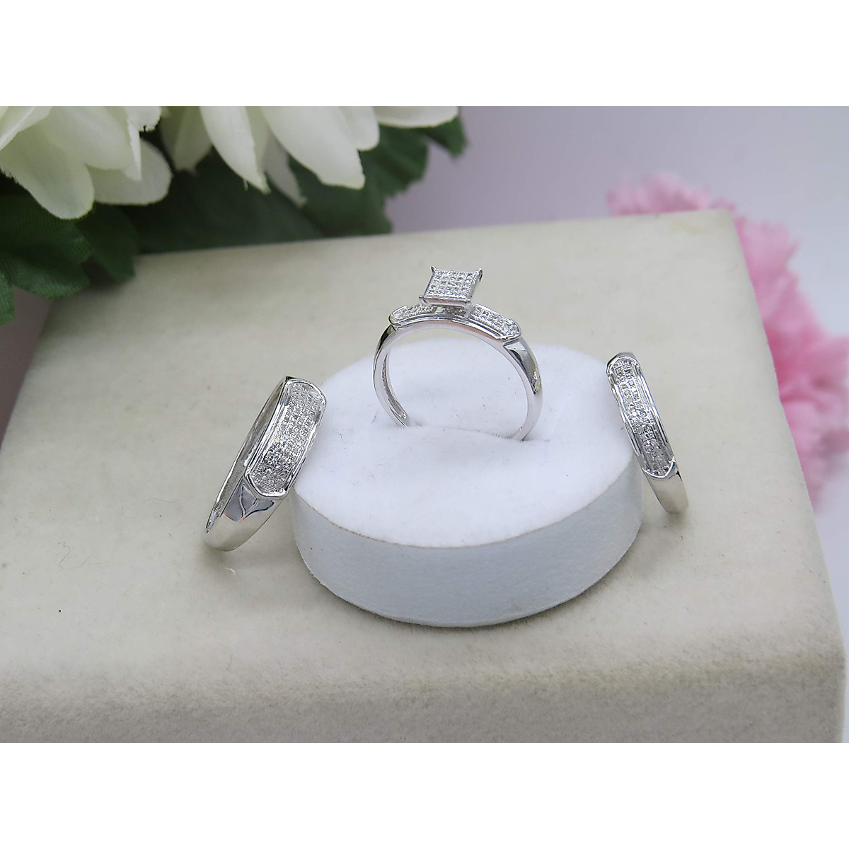 Dazzlingrock Collection 0.30 Carat (ctw) Round White Diamond Mens & Womens Trio Bridal Wedding Ring Set 1/3 CT, Sterling Silver