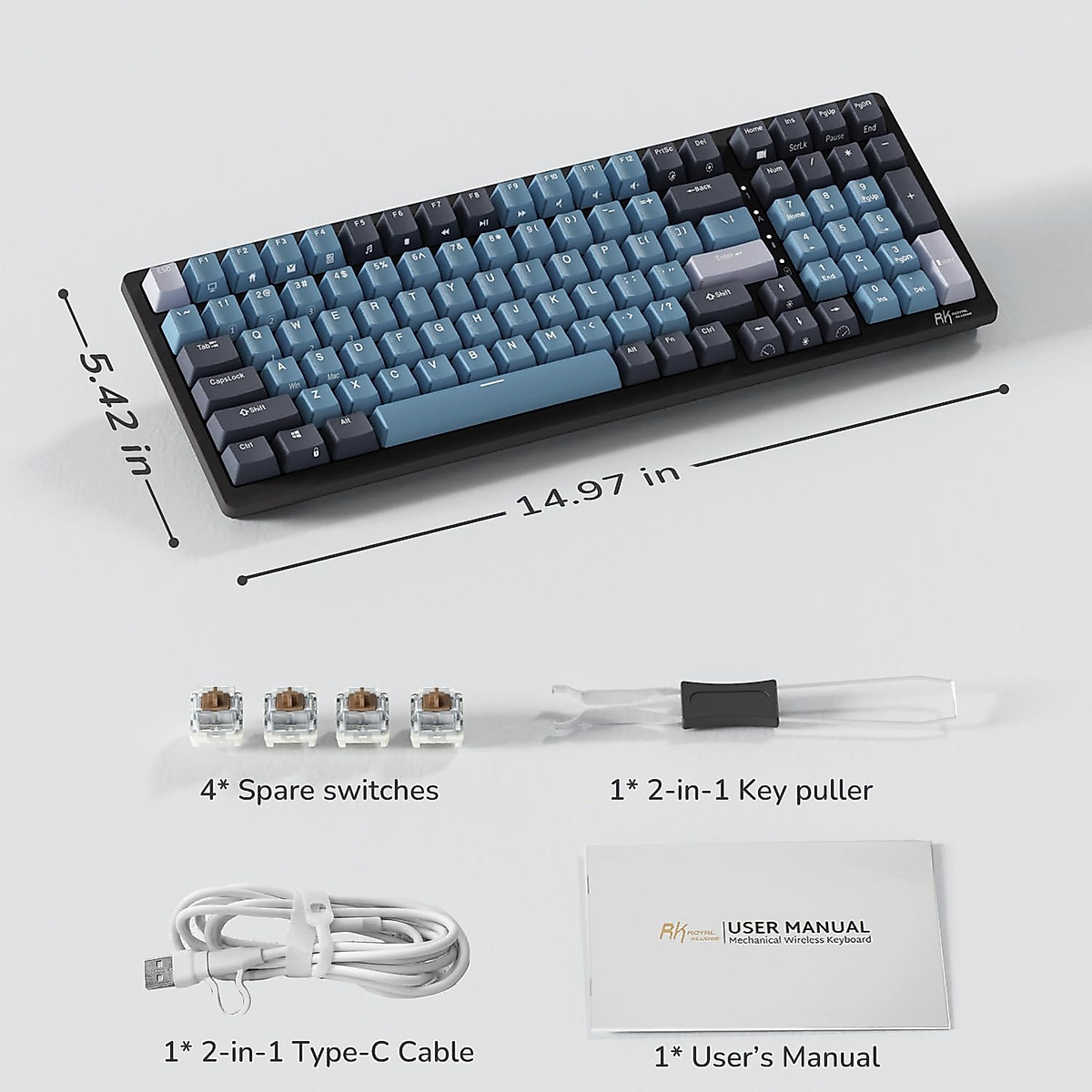 RK ROYAL KLUDGE RK98 Wireless Mechanical Keyboard, Triple Mode 2.4G/BT5.1/USB-C Hot Swappable Mechanical Keyboard with Number Pad, Pre-lubed Switches RGB Backlit Gaming Keyboard, Software Support