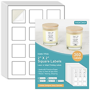 MaxGear 2" x 2" Square Labels, for Inkjet or Laser Printer, Matte White Printable Sticker Labels Sheets, Strong Adhesive, Dries Quickly, Holds Ink Well, 360 Labels