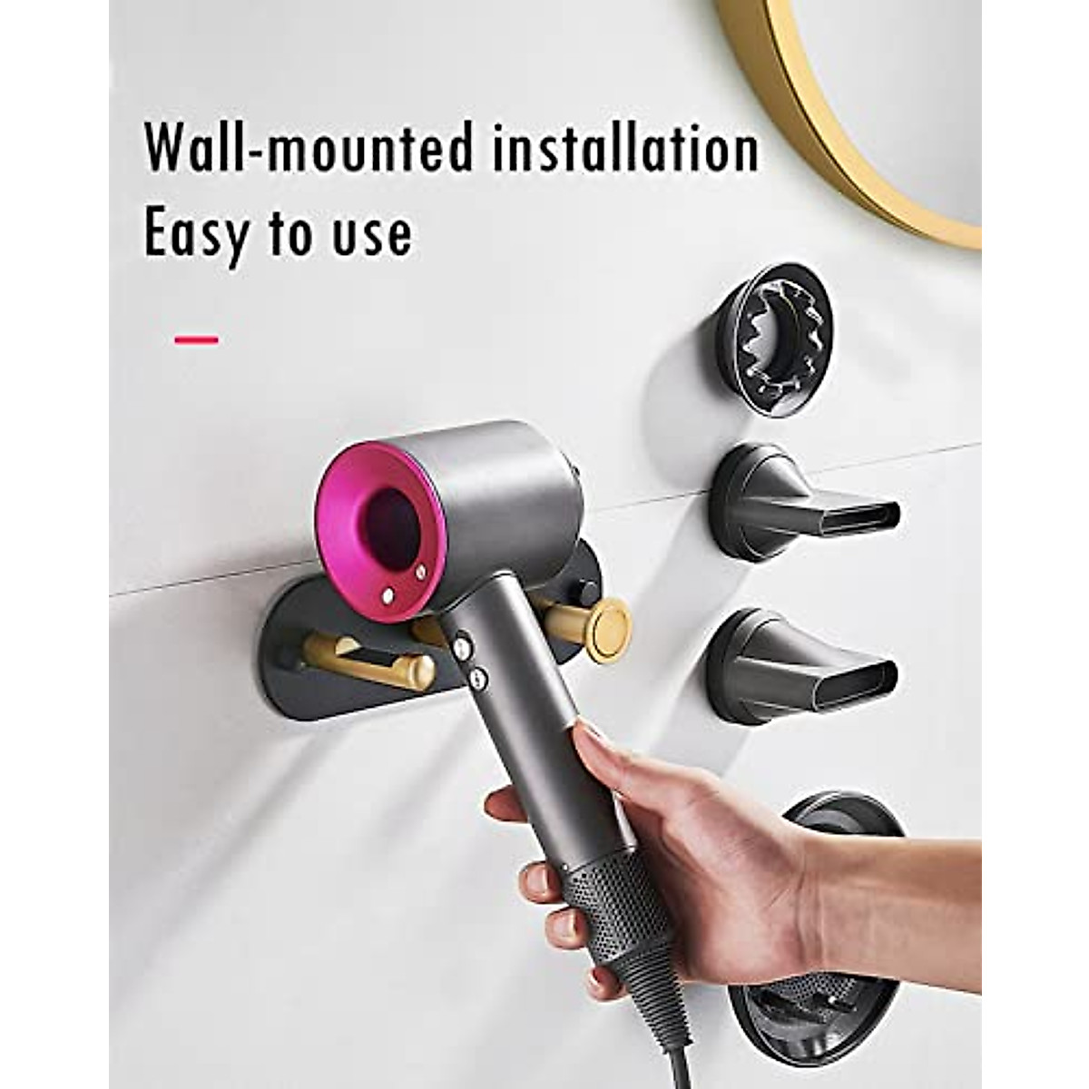 AYIYAKE Hair Dryer Holder Adhesive No Drill Wall Mounted Aluminum Alloy Blow Dryer Rack Barbershop Saloon Fit for Most Hair Dryers（ Aluminum Black Gold