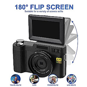 Kmnuiey Camera, 4K Digital Camera for Photography with 3'' 180°Flip Screen, Autofocus 48MP Video Cameras for YouTube with 16X Digital Zoom, 2 Batteries and Charging Cable for Travel