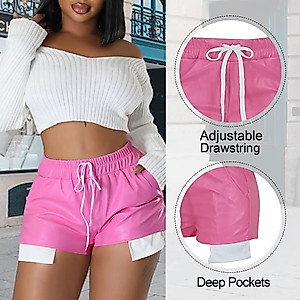 Aotasely Latex Tight Faux Leather Mini Shorts for Women Sexy PU Coated Shorts Deep Pockets Patchwork Nightwear Pink L
