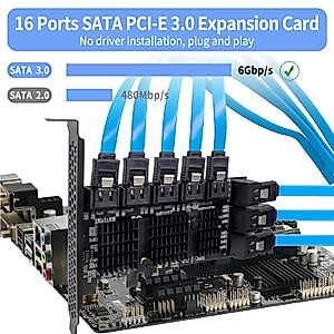 ACTIMED PCIE SATA Card 16 Port with 16 SATA Cable, 6 Gbps SATA 3.0 Controller PCI Express Expansion Card with Low Profile Bracket, Support 16 SATA 3.0 Devices, Compatible with Windows,MAC,Linux System