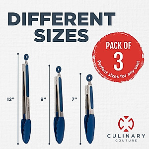 Silicone Kitchen Tongs with Silicone Tips, Set of 3 Heat Resistant Tongs for Serving Food, 7-Inch, 9-Inch, 12-Inch Locking Silicone Tongs for Cooking Tongs, Salad Tongs, Blue Kitchen Utensils