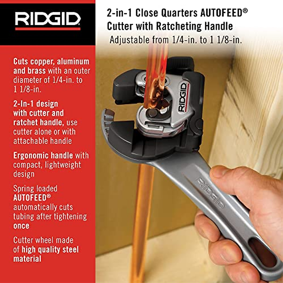 RIDGID 32573 Model 118 2-in-1 Close Quarters AUTOFEED 1/4" to 1-1/8" Metal Tubing Compact Cutter, Silver/Black
