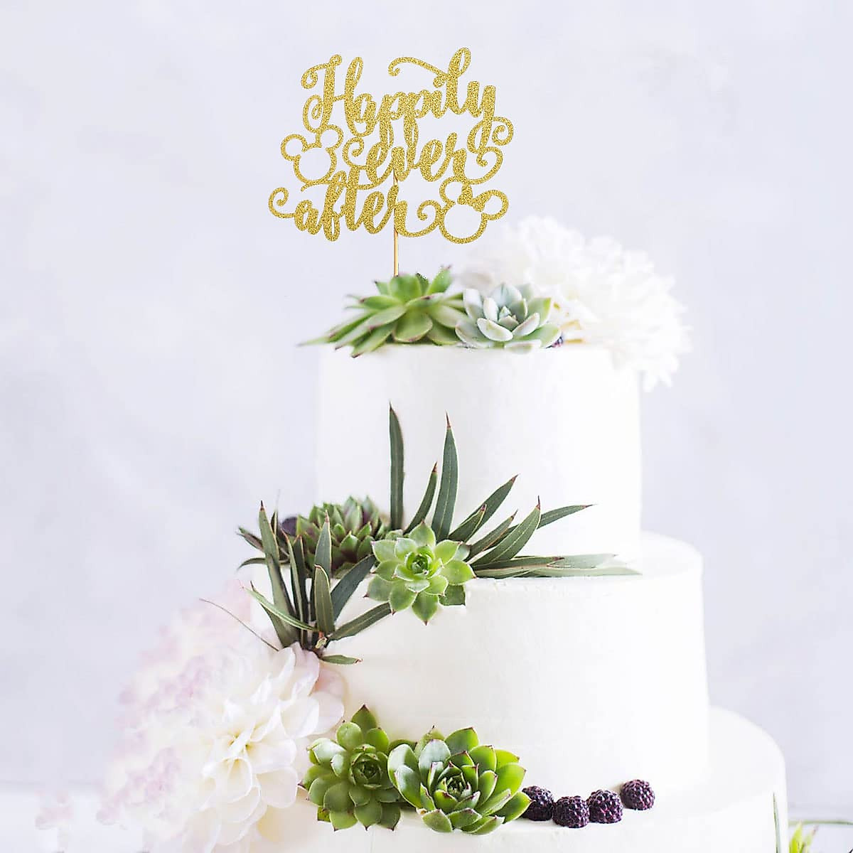 Happily Ever After with Cartoon Mice Cake Topper, Mouse Inspired Themed Wedding Engagement Bridal Shower Party Decorations, Gold Glitter