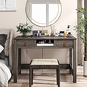 Tangkula Mid-Century Computer Desk with 2 Storage Drawers, Modern Home Office Desk with Storage Cubby, Study Writing Desk, Compact Laptop PC Desk Workstation, Wooden Vanity Desk for Bedroom (Grey)