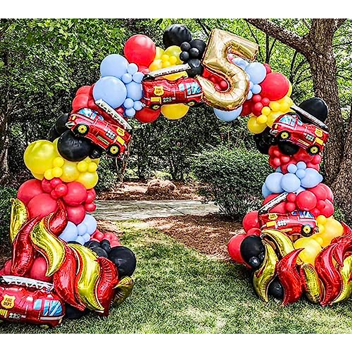Enanal Fire Balloon Garland Arch Kit, 144pcs Red Yellow Chrome Gold Balloons with Fire Truck Foil Balloons for Fireman Party Supplies Kids Birthday Firefighter Rescue Themed Party Decoration (Fire)