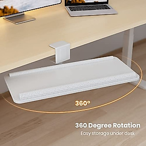 Tilt&Height Adjustable Keyboard Tray Under Desk&Above Desk - Klearlook 2 in 1 PU Leather Sit Stand Keyboard Riser w/360° Rotation, 25x11"Clamp-on Keyboard Stand Desk Extender w/Wrist Rest&Drawer-White