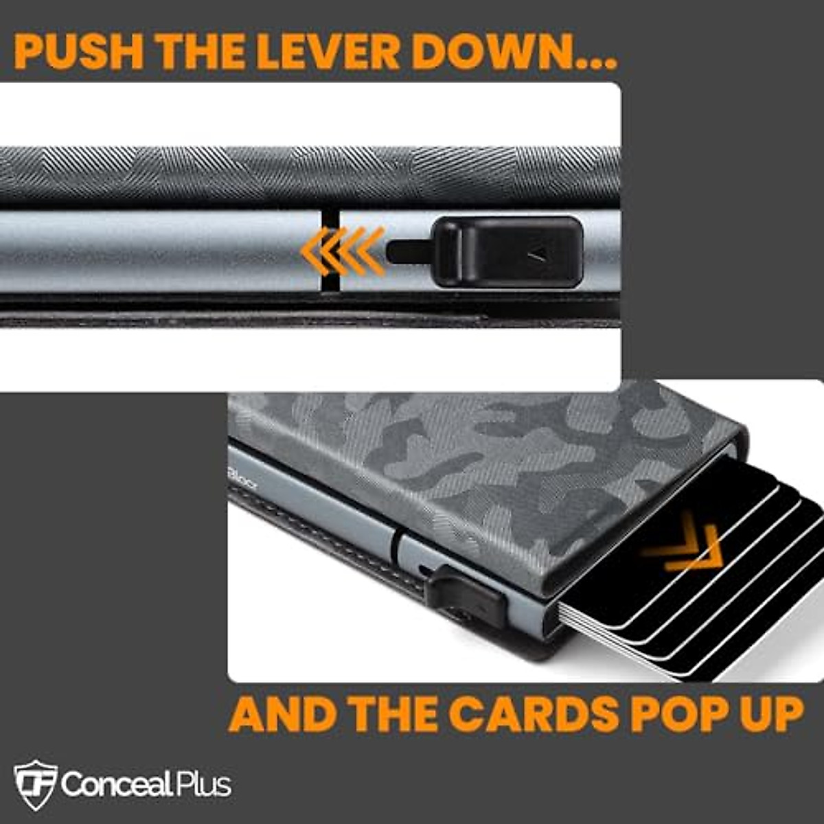Conceal Plus Slide Up Wallet for Men, Secure Scan Proof Wallet with Pop Up Card Wallet Once Click Acess - Makes a Great Gift or Travel Wallet (Gray PU Camo & Titanium Metal)
