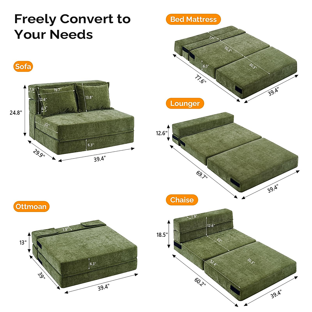 VINGLI Futon Sofa Bed Sleeper Sofa Chair Bed Twin Floor Sofa Bed Small Couch Folding Mattress Olive Green Couches for Living Room Floor Chair Freestanding RV Futon Couches for Indoor and Outdoor