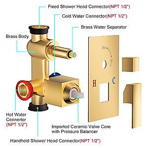 NERDON Shower System, 12 Inch Brushed Gold Shower Faucet Set with Rain Handheld, Wall Mounted Shower Faucet sets Complete for Bathroom Shower Fixtures Rough in Valve Body and Trim Kit