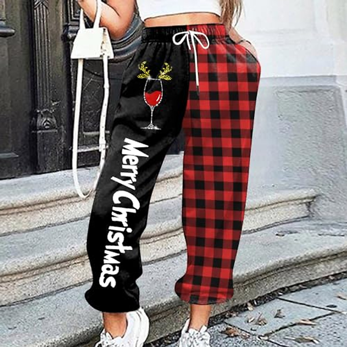 Fleece Lined Sweatpants Women Snowman Print Christmas Womens Petite Sweatpants Buffalo Plaid Print Straight Leg Gym Sweatpants High Waisted Drawstring Baggy Sweatpants Z4-White XL