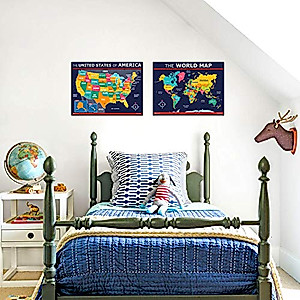USA and World map poster 2 pack for kids Laminated blue (Updated Fixed V2.0) Young N Refined (18x24)