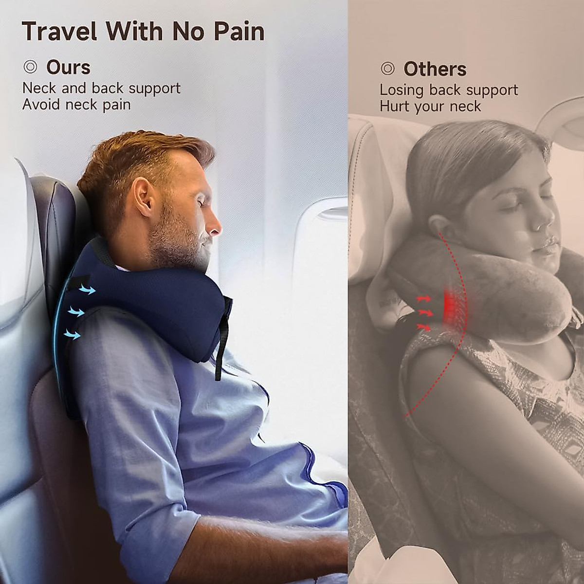 TripGood Neck Pillow for Travel - Extra Upper Back Support - Back Buckle Strap - Large(16.7" Neck Circumference) - Memory Foam - Blue