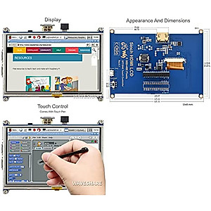 Waveshare 5 Inch HDMI LCD 800X480 High Resolution for Raspberry Pi 2 Model B/Raspberry Pi Model B/B/A/Raspberry Pi 3 Model B/3 B+