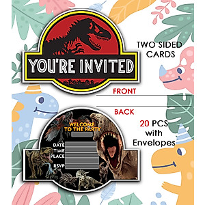 KINYEYE Dinosaur Party Invitation Cards for Kids Birthday Party, 20Pcs Dinosaurs World Birthday Party Invitations with Envelopes, 2-Sided 4×6 Inches