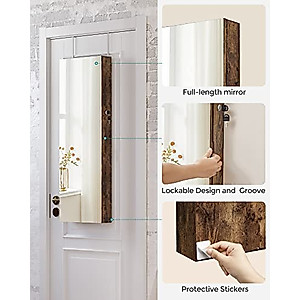 SONGMICS Jewelry Cabinet Armoire, Wall/Door Mount Storage Organizer with Full-Length Mirror, Lockable Cabinet with Built-in Small Mirror, Shelves, Gift Idea, Rustic Brown UJJC003X01