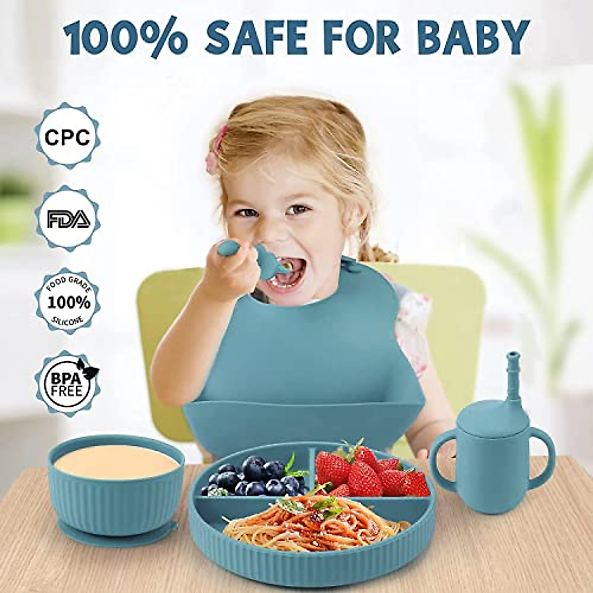 Silicone Baby Feeding Set, 2 adjustable bibs with food collectors, 1 suction cup divider, 1 suction cup, 1 sippy cup,1 stage 1 spoon and 1 fork, Baby Led Weaning Utensils,Toddler Self Feeding Set