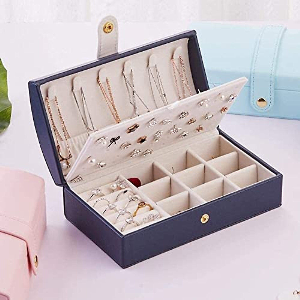 ZZYINH AN207 Women Jewelry Box Portable Travel PU Leather Jewelry Storage Box Earring Necklace Plate Girls Jewelry Organizer Small Jewelry (Color : Blue)
