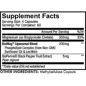 Codeage Liposomal Magnesium Glycinate Supplement, 2-Month Supply, Bisglycinate Magnesium Chelate, Chelated Magnesium Mineral Pills, BioPerine Black Pepper Vitamins Capsules, Non-GMO Vegan, 240 ct