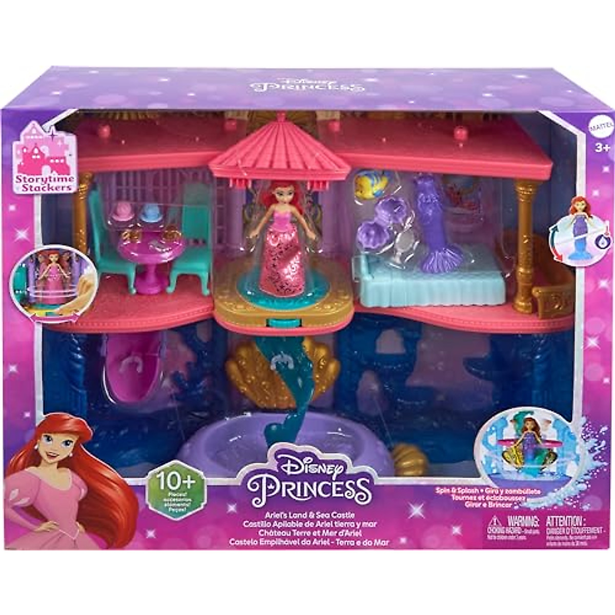 Mattel Disney Princess The Little Mermaid Toys, Ariel Doll House Stackable Castle with Land & Sea Levels, Small Doll, 1 Friend, 12 Pieces, Pool