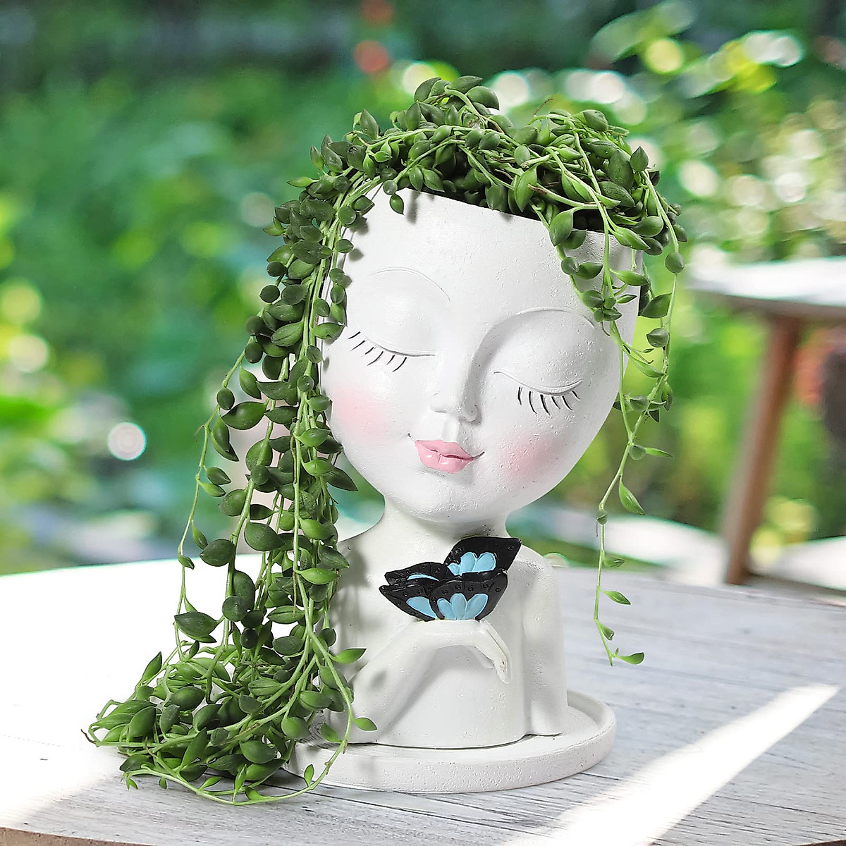 COWATM Face Planters Pots Head for Indoor Outdoor Planter Pot with Butterfly, Succulent Planter with Drainage Hole Cute Lady Face Flower Pots (White)