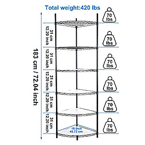 6 Tier NSF Metal Corner Shelf Wire Shelving Unit, 420lbs Capacity Heavy Duty Adjustable Storage Rack with Shelf Liners for Closet Kitchen Bathroom Garage Basement, 72" H x 18" L x 18" D - Black