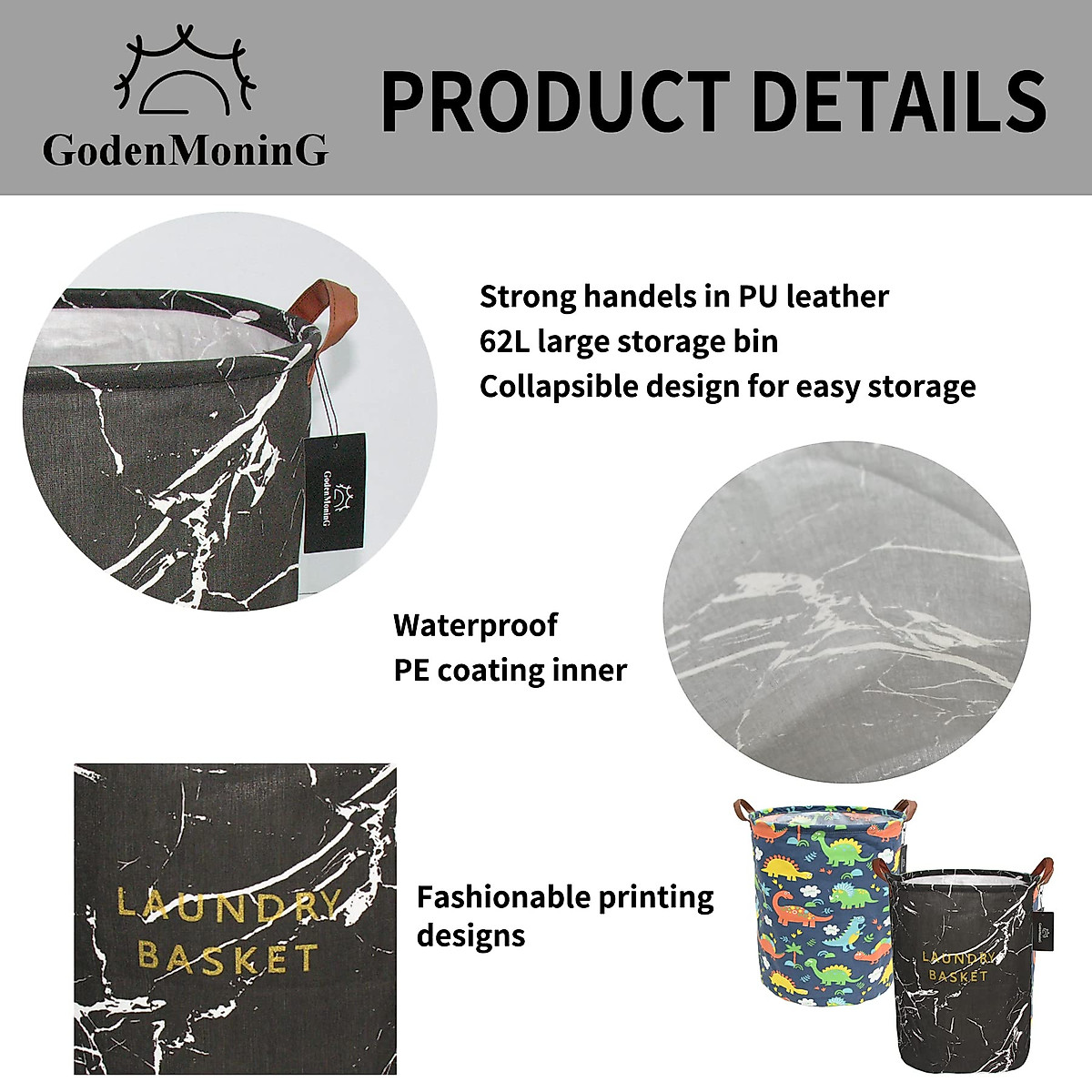 Collapsible Laundry Basket,GodenMoninG 2X 62.8L Large Sized Round Waterproof Storage Bin with Leather Handles,Toy Organizer,Children Nursery Hamper.（2 PACKS，Black Marbling & Blue Dinosaurs）