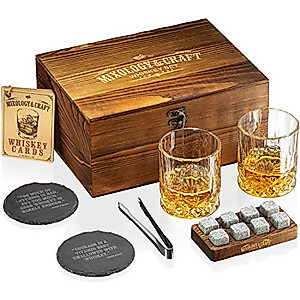 Mixology Whiskey Stones Gift Set for Men - Pack of 2, 10 oz Whiskey Glasses w/ 8 Granite Chilling Rocks, 2 Coasters, Metal Tong & Cocktail Card in Wooden Box - Diamond