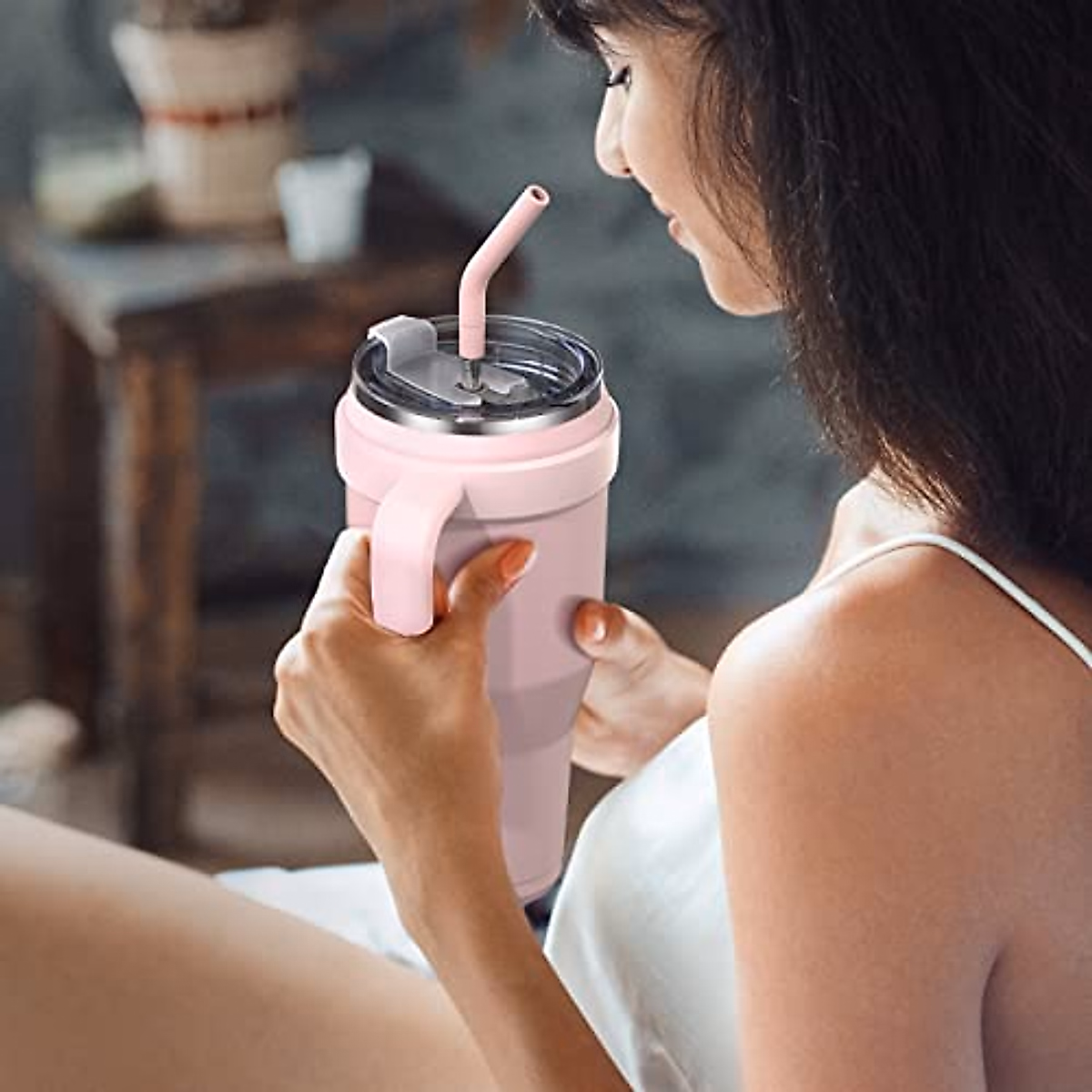 Zukro 40 oz Tumbler With Handle, Sip and Straw Lid, Leakproof No Sweat Insulated Stainless Steel Cup Keeps Drinks Cold 24 Hours, Travel Mug Fit in Cup Holder, Dishwasher Safe, BPA Free - Pink