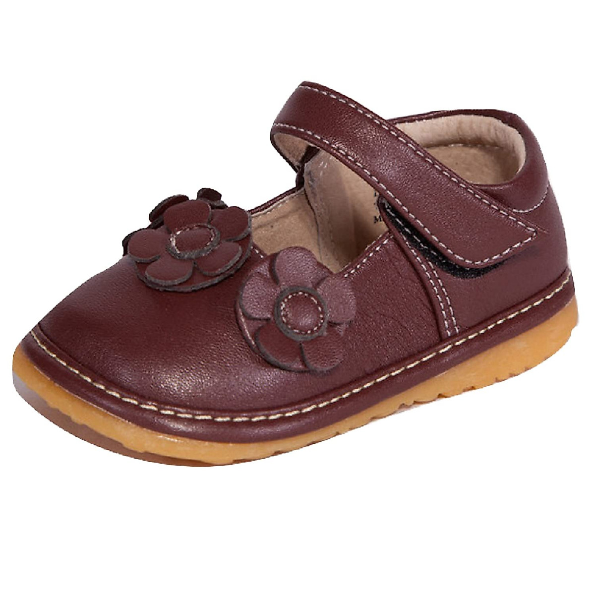 Little Mae's Boutique Mary Jane Brown Three Flower Squeaky Shoes for Toddler Girls, Ideal Toddler Walking Shoes with Removable Squeaker and Adjustable Strap - Flexible Sole Baby Shoes (4)