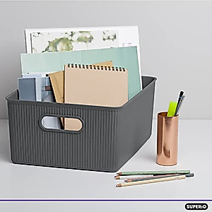 Superio Decorative Plastic Open Home Storage Bins Organizer Baskets, Large Grey (1 Pack) Container Boxes for Organizing Closet Shelves Drawer Shelf - Ribbed Collection 15 Liter/16 Quart