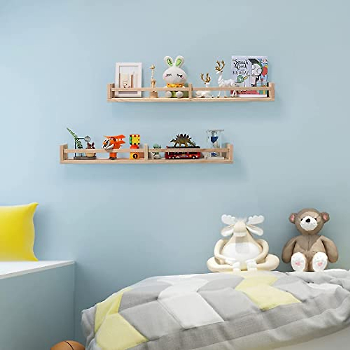 Austin yan Bookshelves Wall Mounted, 32inch Wood Floating, Bookshelf for Kids, Hanging Shelf for Baby Nursery Room Decor Set of 2 Pine, Wooded