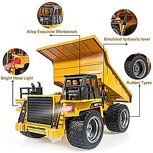Remote Control Construction Dump Truck Toy 2.4G RC 6 Channel Bulldozer 4 Wheel Driver Mine Construction Alloy Metal Vehicle Truck 1:18 with 2 Rechargeable Batteries for Boys Birthday Xmas Gift